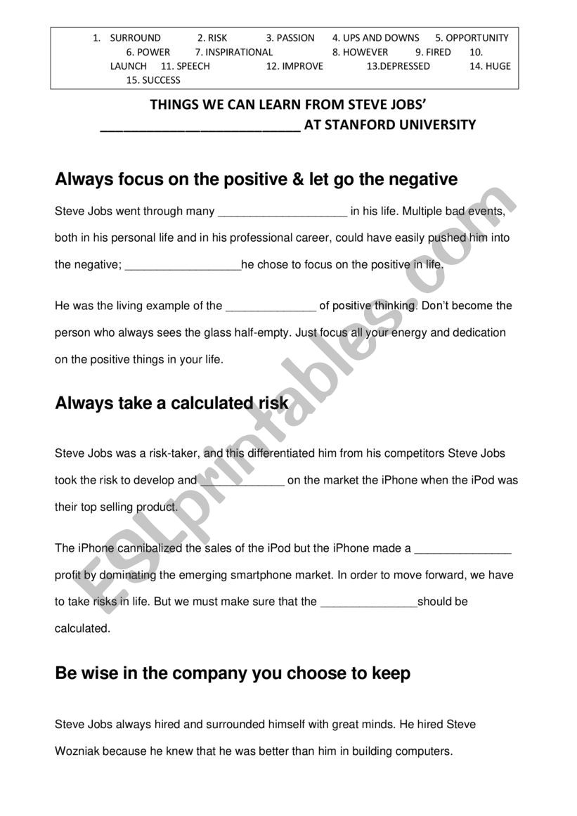 Things you can learn from Steve Jobs´ speech - ESL worksheet by maraldeghi