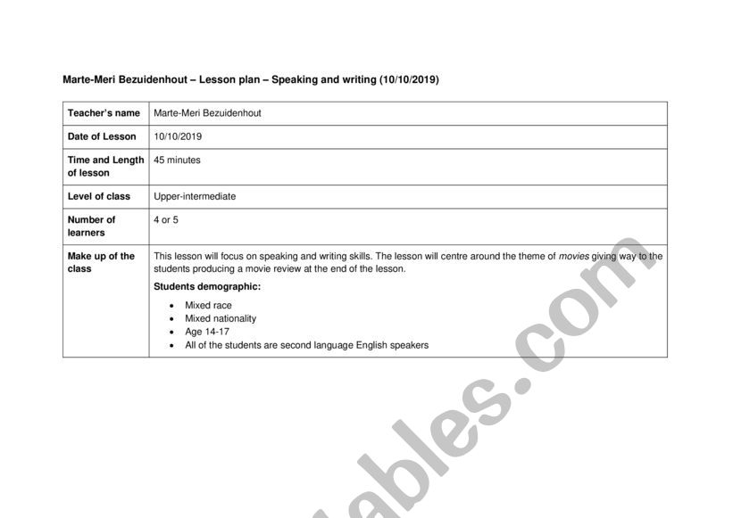 Lesson plan – Speaking and writing - ESL worksheet by Marte-Meri