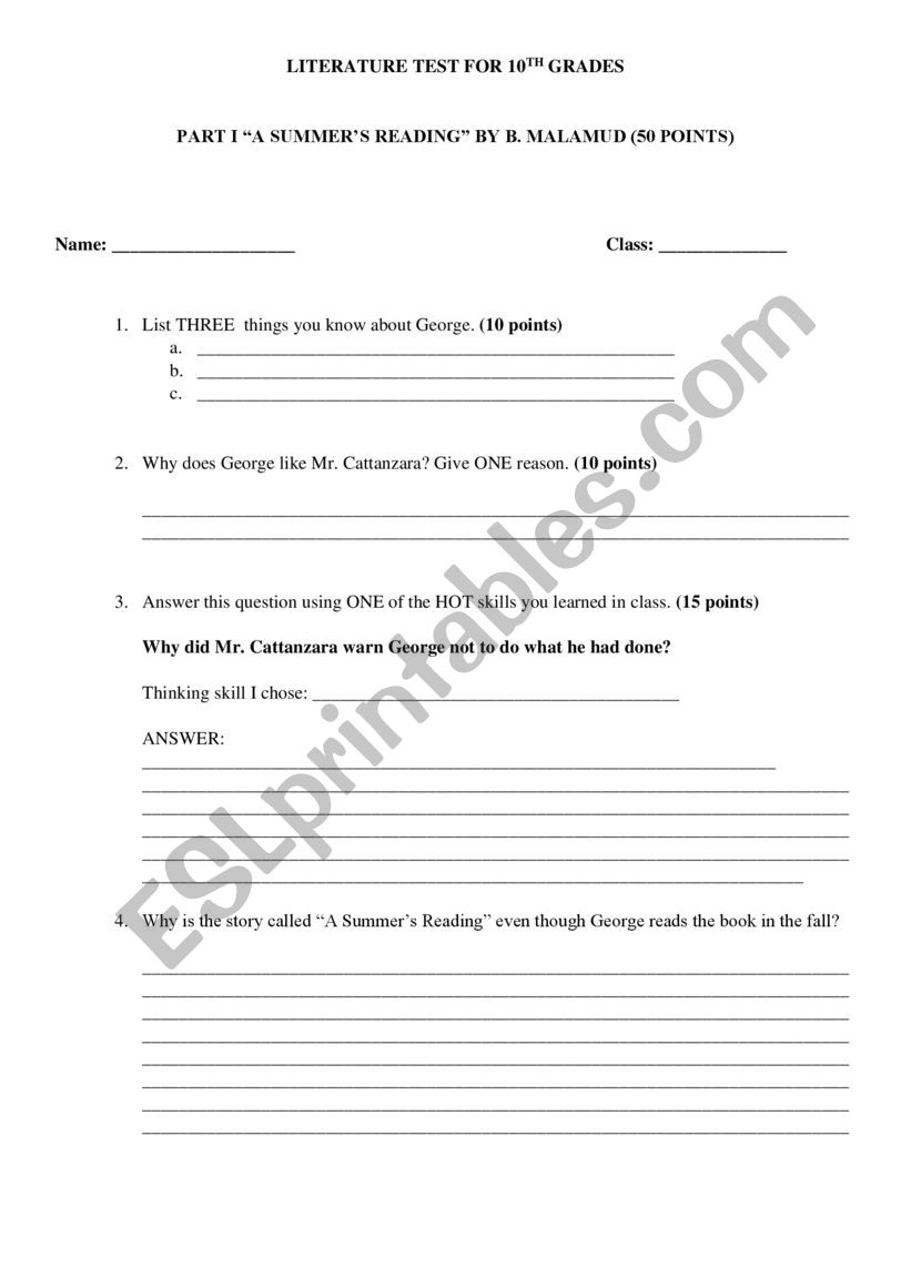 Literature test - Summer´s Reading - ESL worksheet by merav21