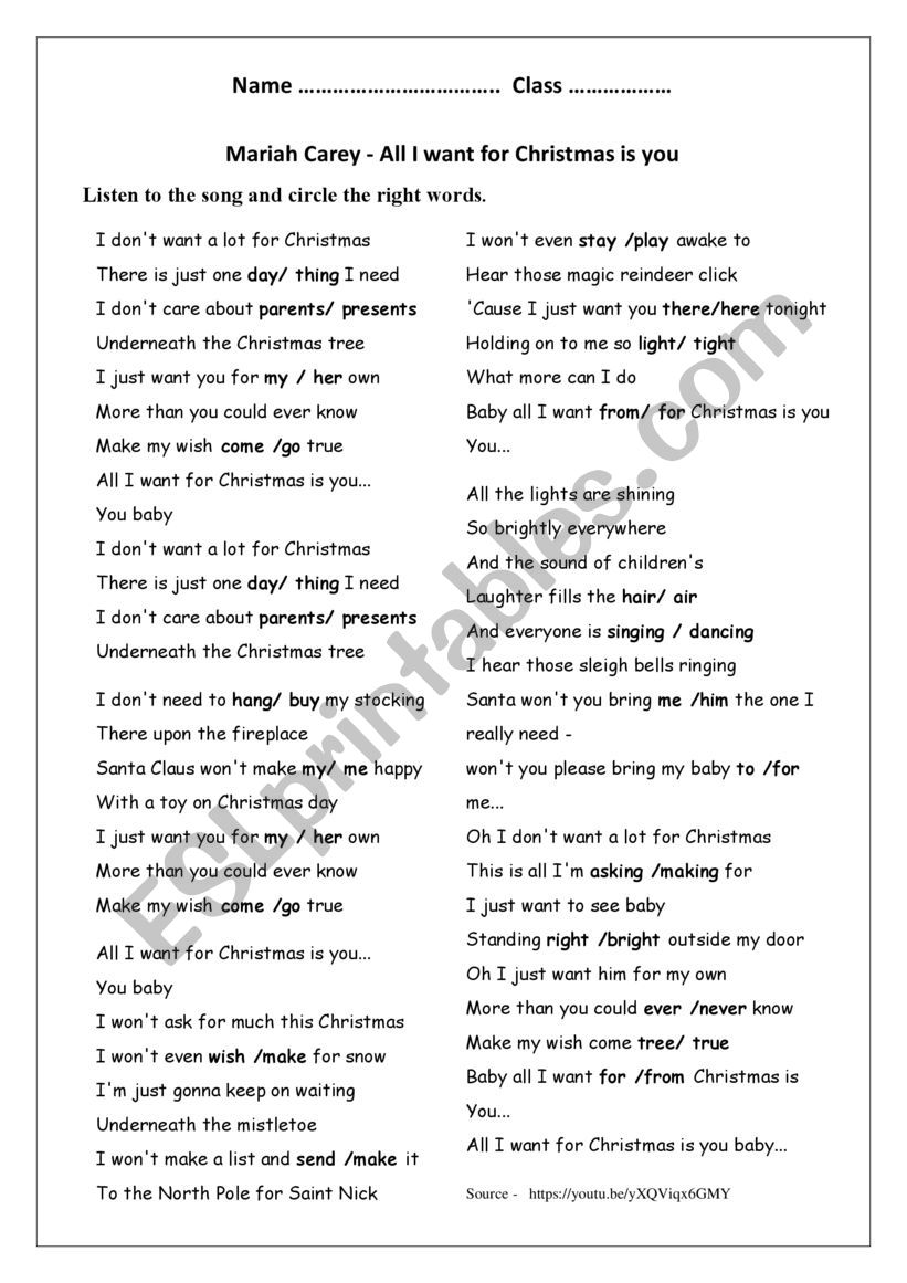 Mariah Carey - All I want for Christmas is you - Worksheet - ESL ...