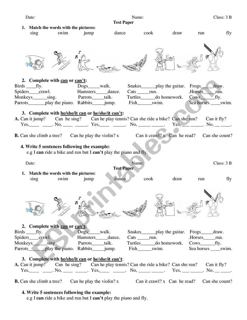 Test Can/Can´t - ESL worksheet by ralucasacarea