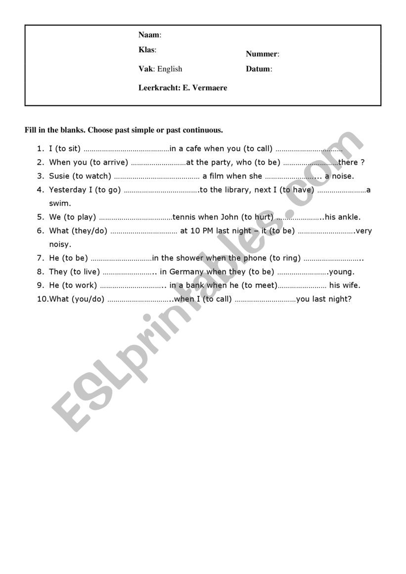 Grammar: past simple and continuous - ESL worksheet by EllenVermaere