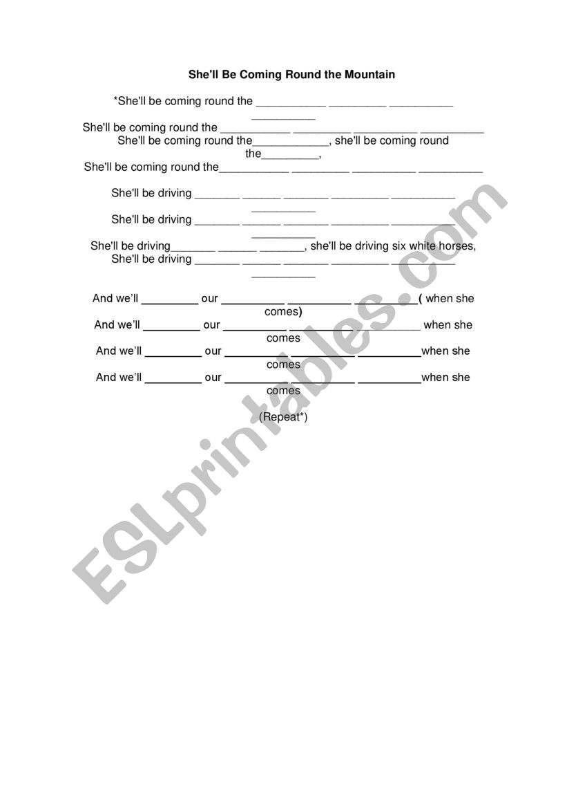 SONG She´ll Be Coming Round the Mountain - ESL worksheet by giuseppeautista