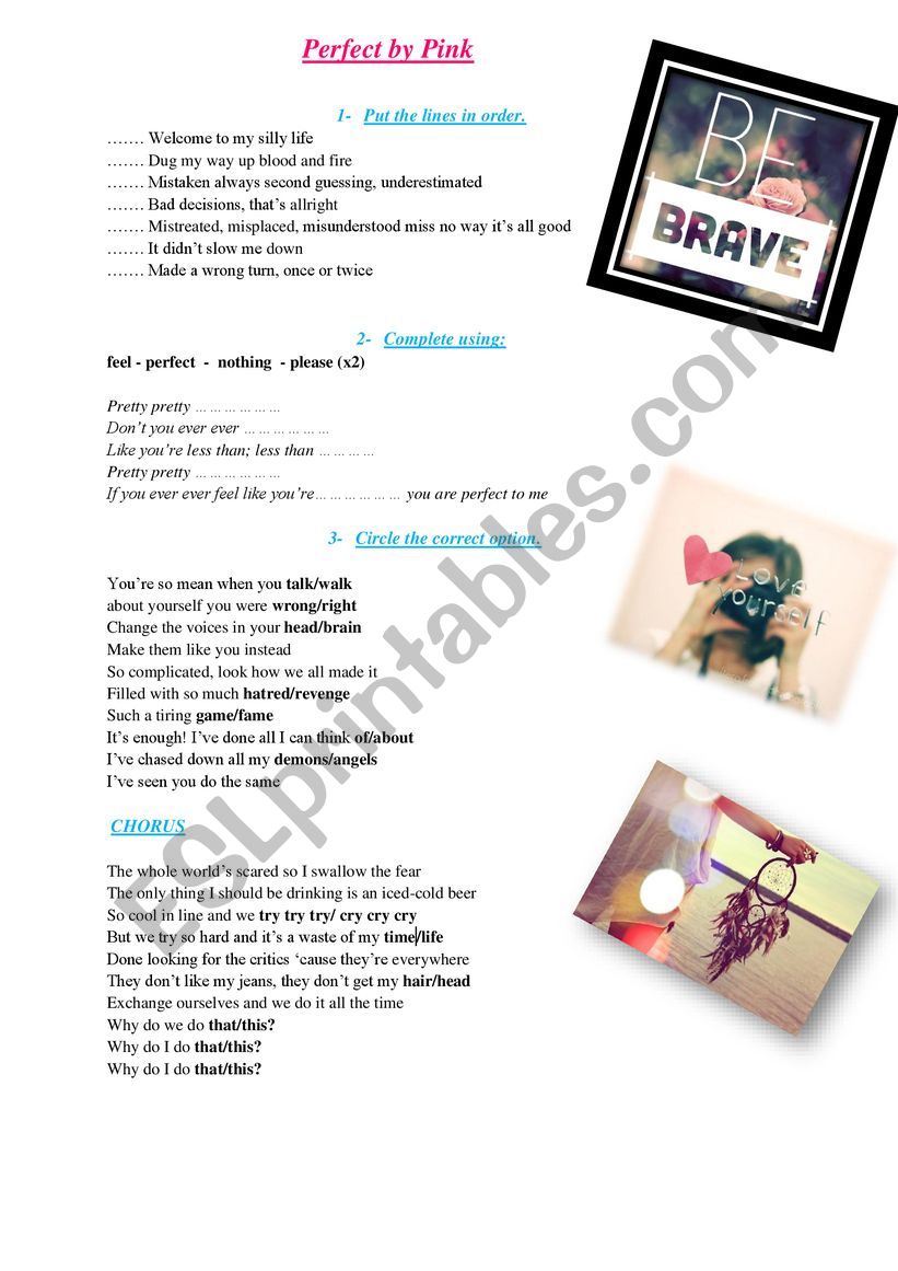 Less Than Perfect by Pink - ESL worksheet by macasheeran