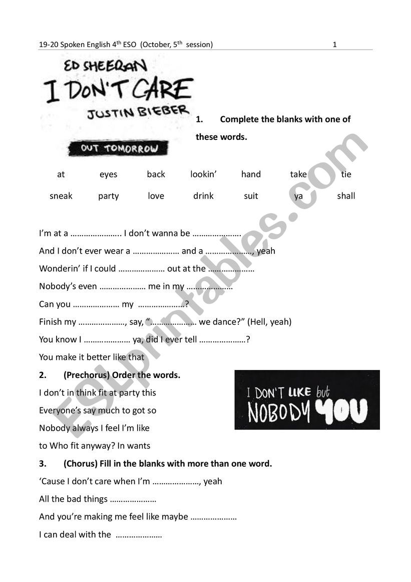 I don´t care - ESL worksheet by lolafg
