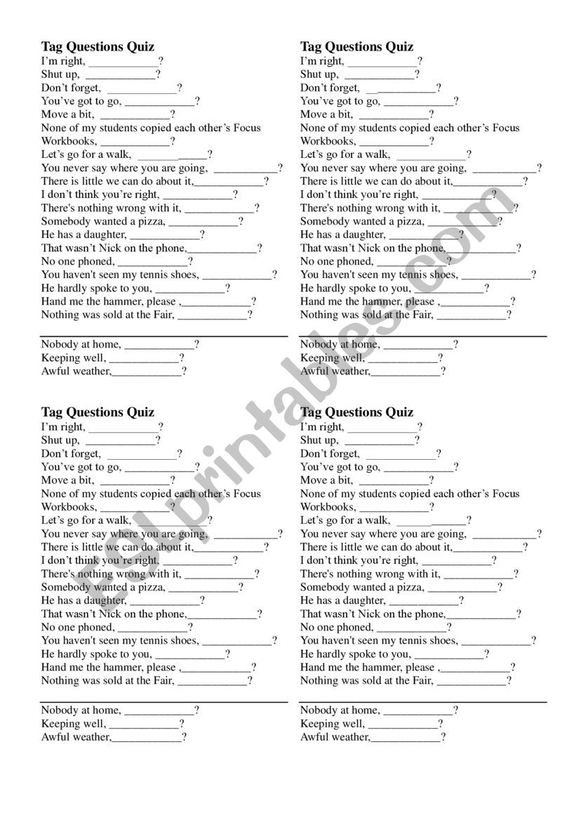 Tag questions-Upper Intermediate Test - ESL worksheet by VeZe