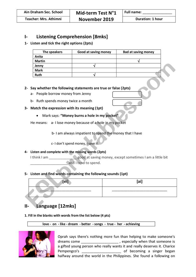 1st form - mid-term test n°1 - ESL worksheet by AtKa