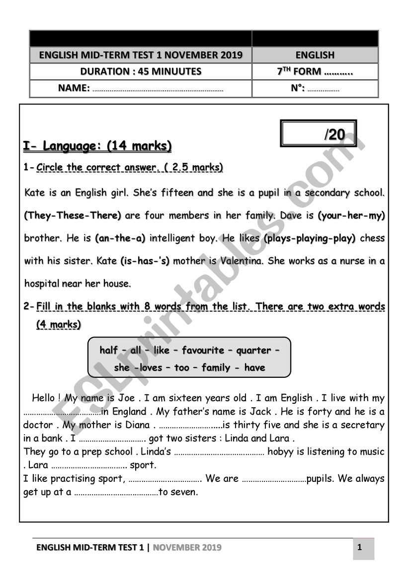 7th form Test N°1 - ESL worksheet by lolitta english
