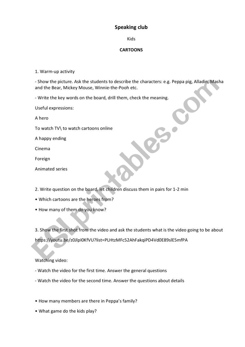 Speaking Club "Cartoons" teacher´s notes - ESL worksheet by es.hagelt