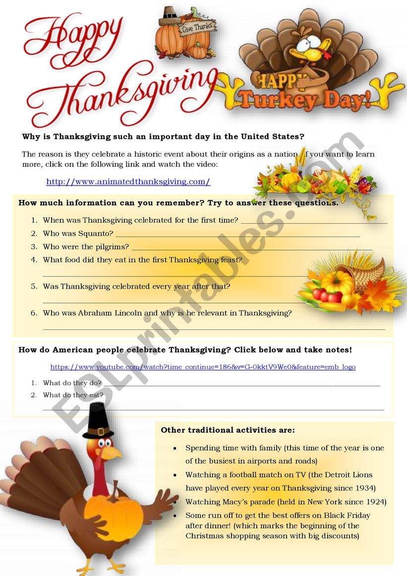THANKSGIVING´S DAY - ESL worksheet by pilarmham