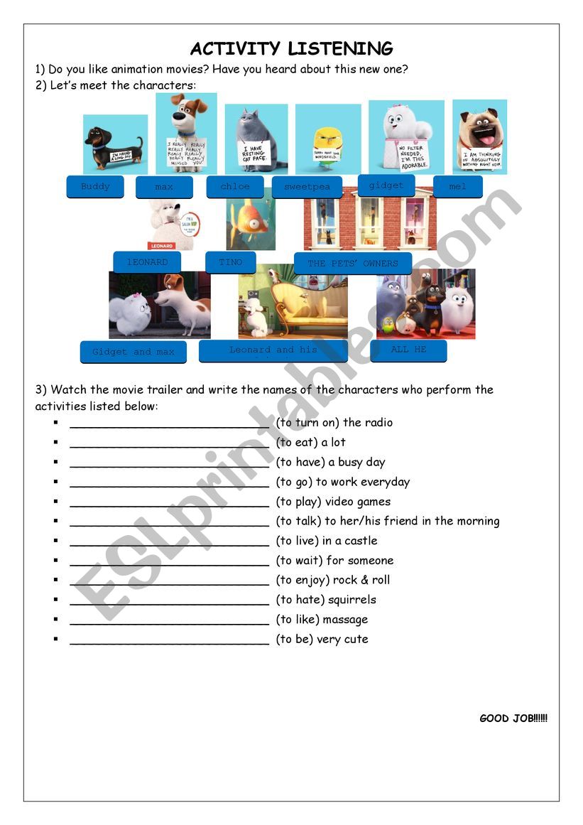 Listening Movie Pet - ESL worksheet by lidianibonomiflores