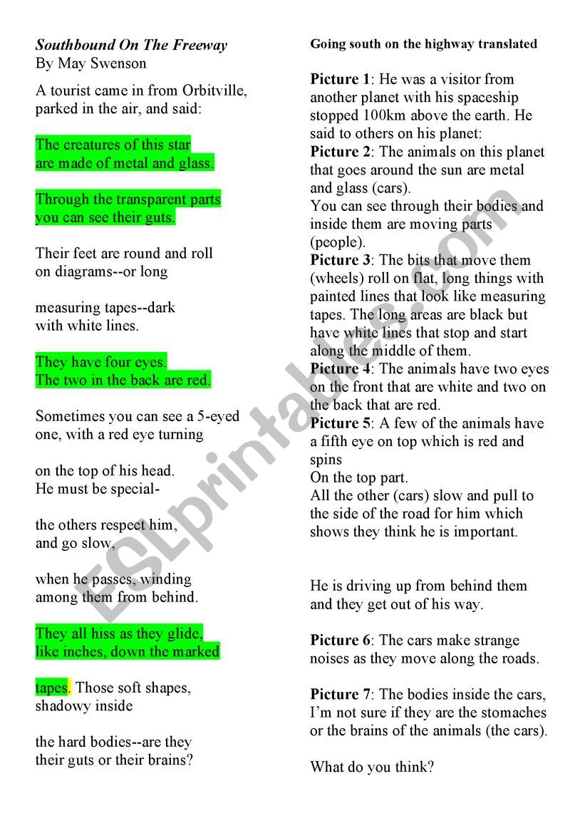 May Svenson´s Southbound on the Freeway worksheet - ESL worksheet by ...