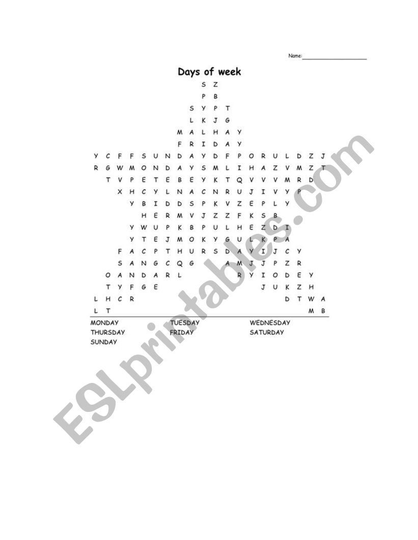 Words search: Days of the week - ESL worksheet by ws.hoangnguyen