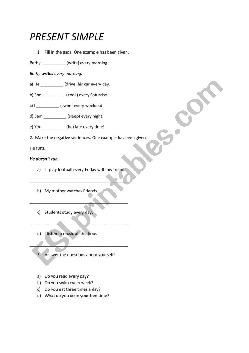 Present Simple - Exercises - ESL worksheet by almedintini Present Simple - Exercises - ESL worksheet by almedintini
