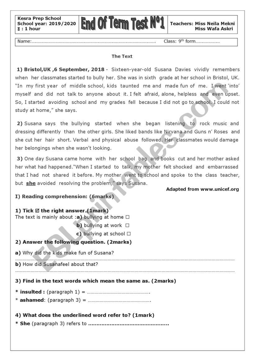 End of term test N°1 (9th form) - ESL worksheet by wafouta