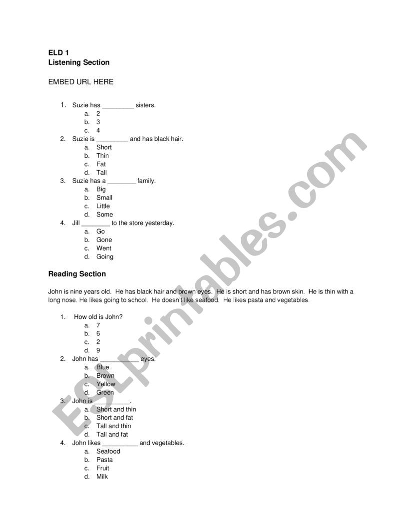 English worksheets: ELD 1
