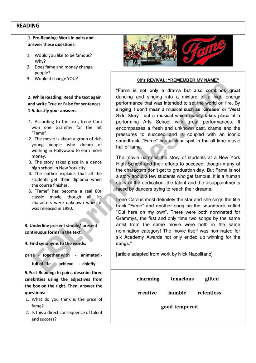 80´S REVIVAL: FAME! - ESL worksheet by Mariquita