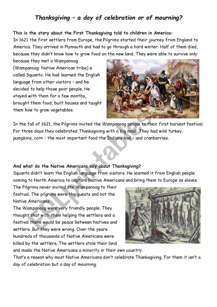 Thanksgiving – a day of celebration or of mourning? - ESL worksheet by ...