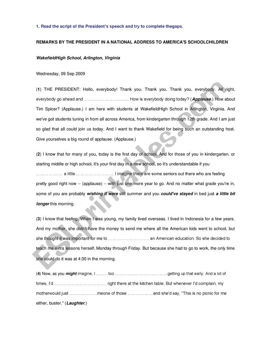 Obama´s speech (fill in the gap activity) - ESL worksheet by kuzmina ...