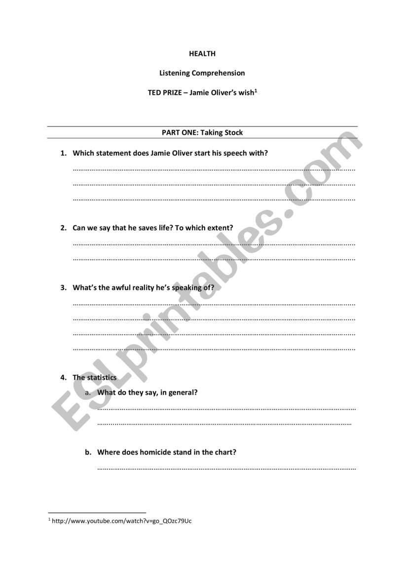 Jamie Oliver´s TED prize - ESL worksheet by steph6120