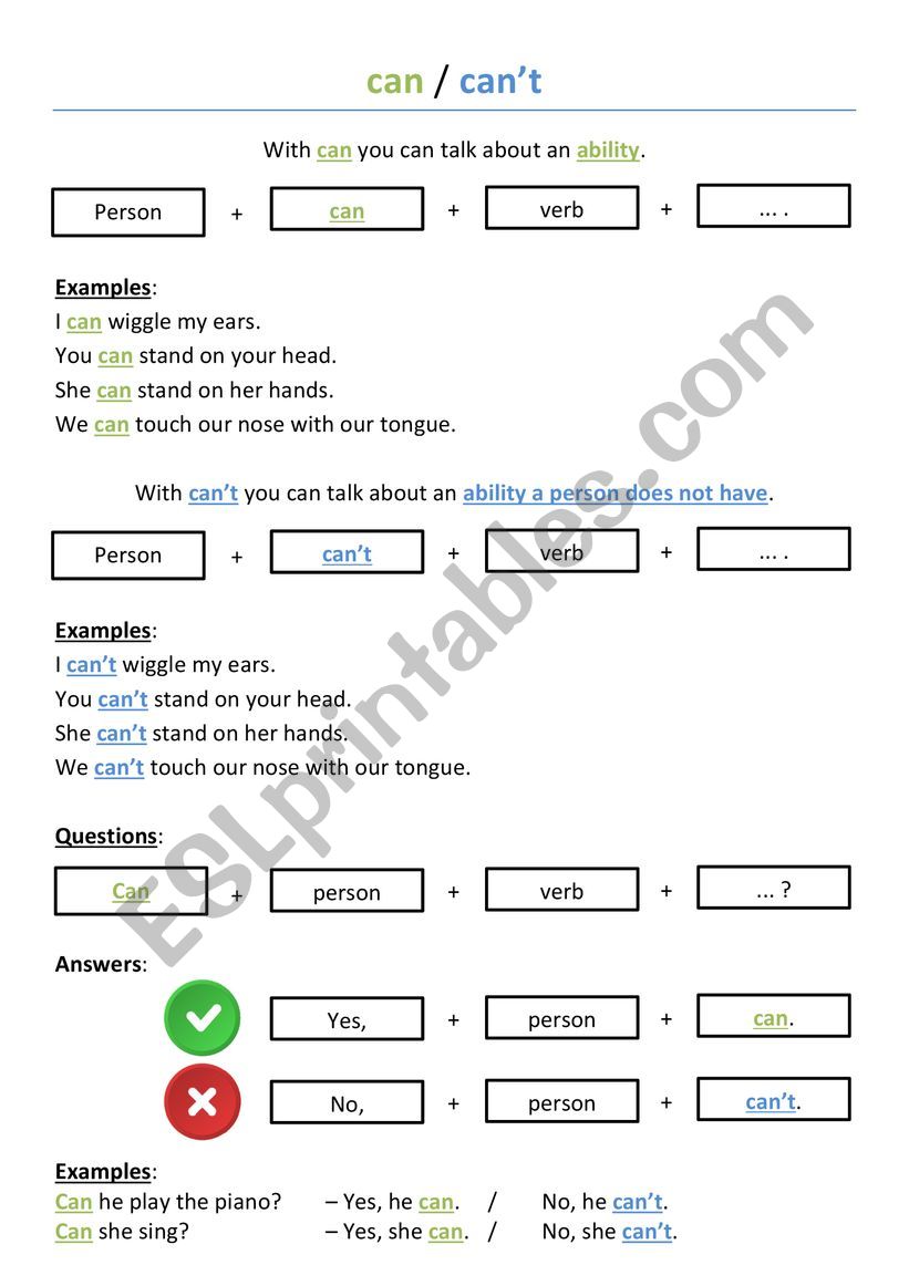Grammar explanation can canÃ¯Â¿Â½t - ESL worksheet by evcheeen94