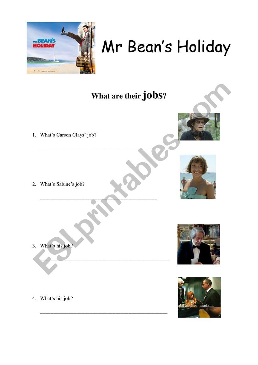 Mr Beanï¿½s holiday - WHATï¿½S HIS JOB? - ESL worksheet by riso
