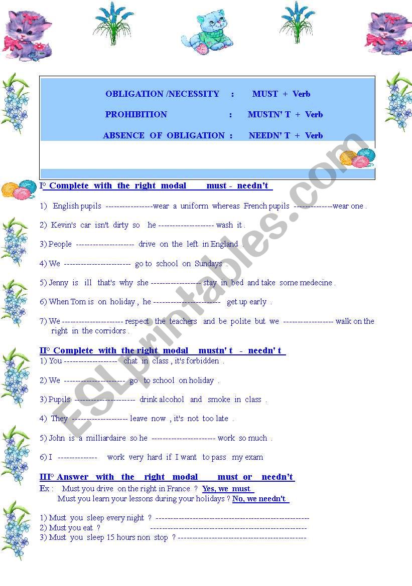 Modals : easy exercises about must ,mustn´t and needn´t - ESL worksheet ...