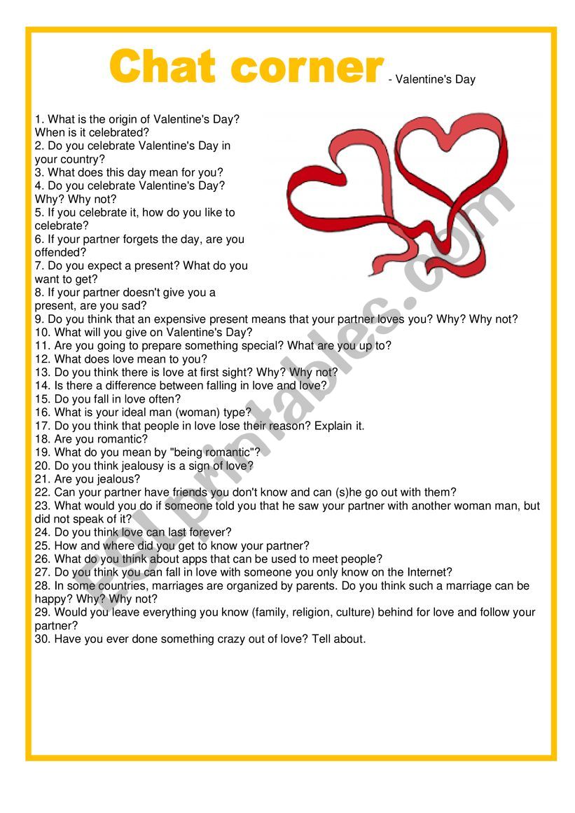 Chat corner - Valentineï¿½s day - ESL worksheet by s.lefevre