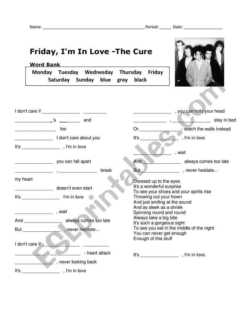 CLOZE activity ï¿½Friday Iï¿½m in Love" - ESL worksheet by Anita.Jacobs