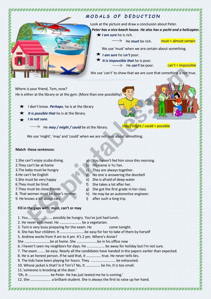 PRESENT MODALS OF DEDUCTION : MUST, CANï¿½T, MAY ... - ESL worksheet by ...