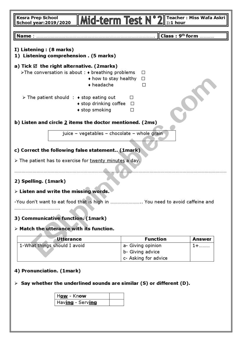 Miid- term test N°2 (9th form) - ESL worksheet by wafouta