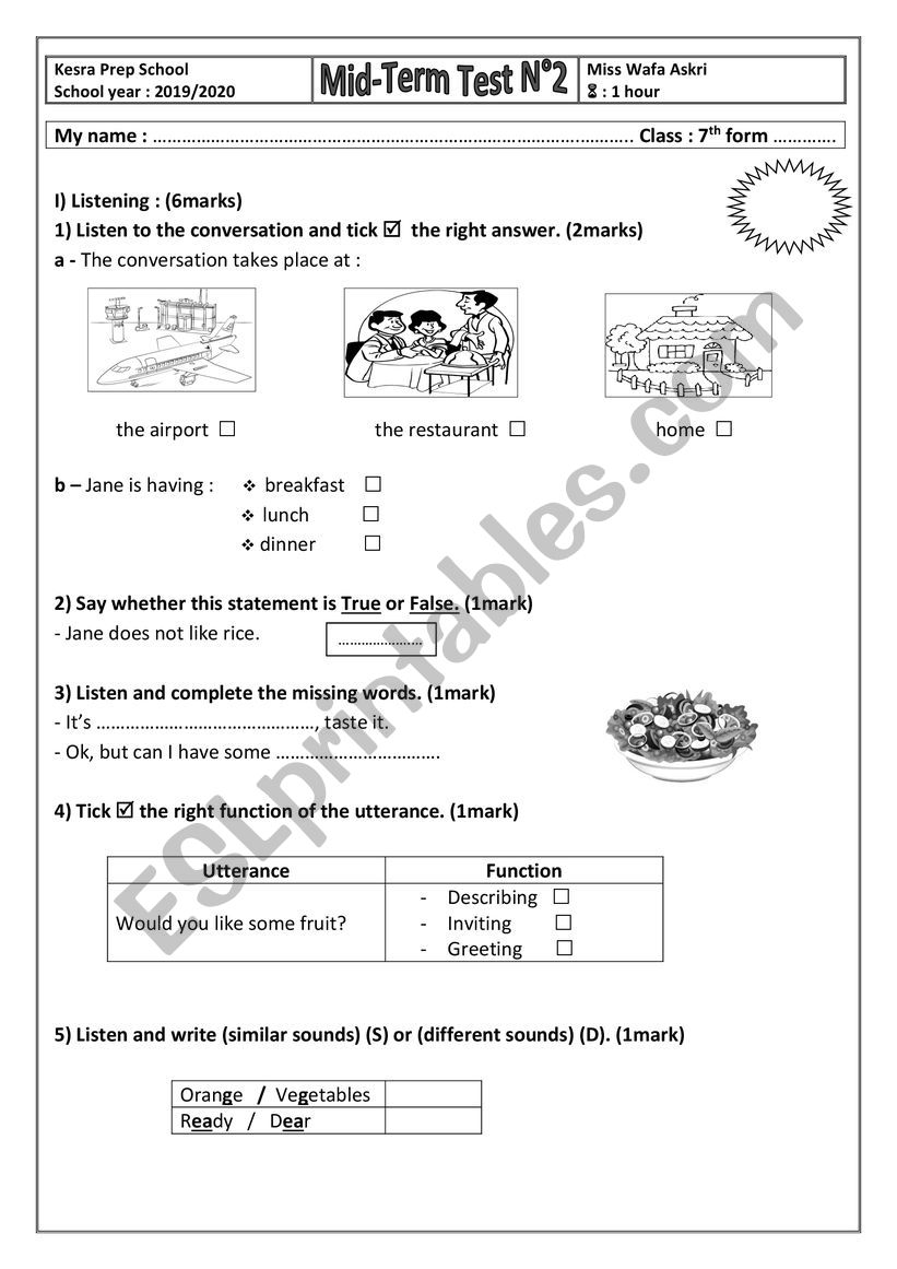 Miid- term test N°2 (7th form) - ESL worksheet by wafouta