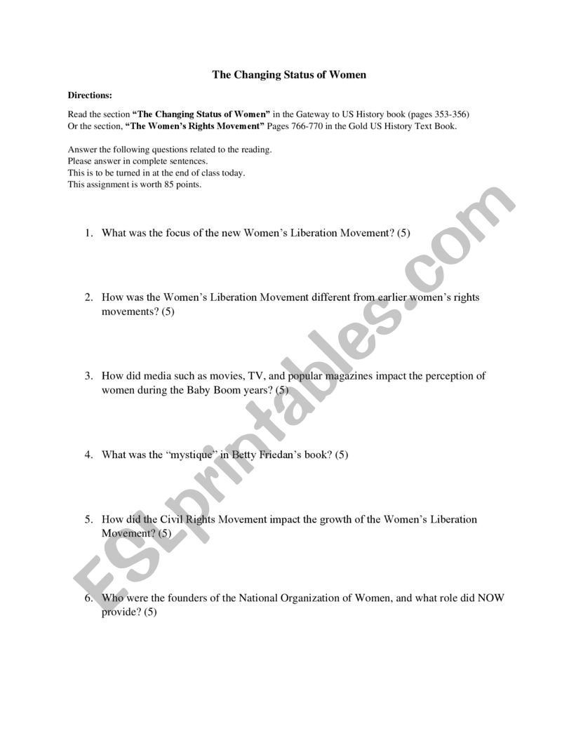 English worksheets: The Changing Status of Women