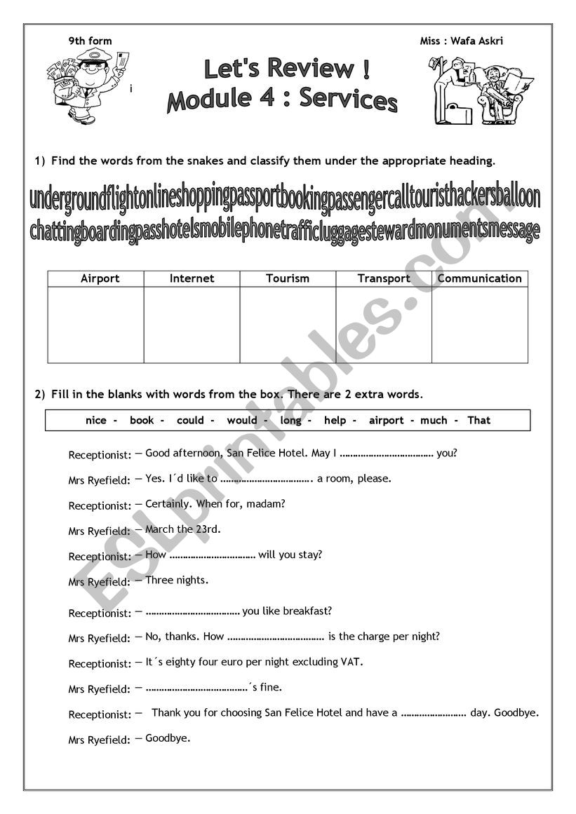 Let´s review: Module4 : Services(9th form) - ESL worksheet by wafouta