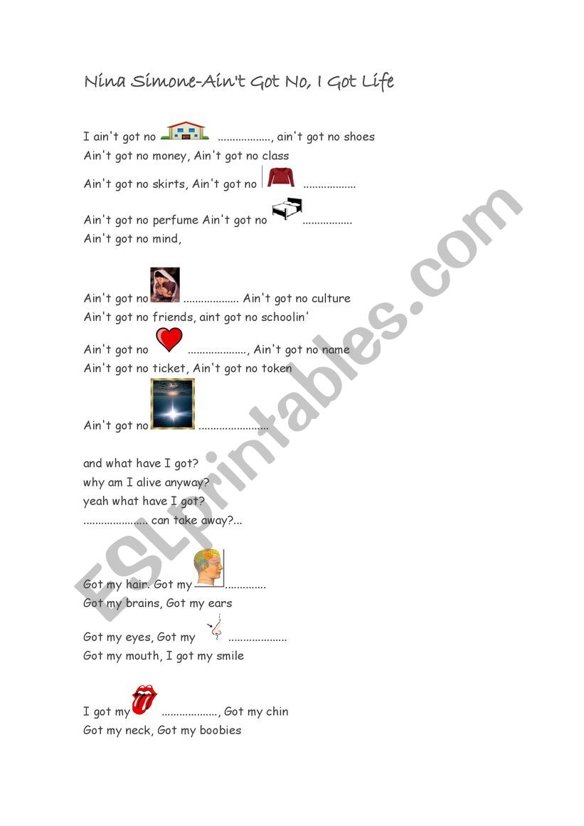 ain´t Got No, I got Life song by Nina Simone - ESL worksheet by adrimar