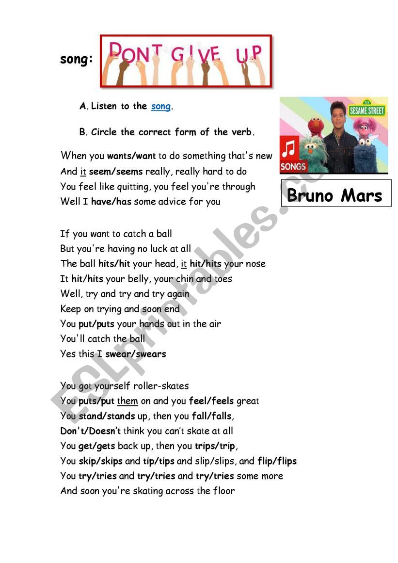song: Donï¿½t Give Up - Bruno Mars - ESL worksheet by liati