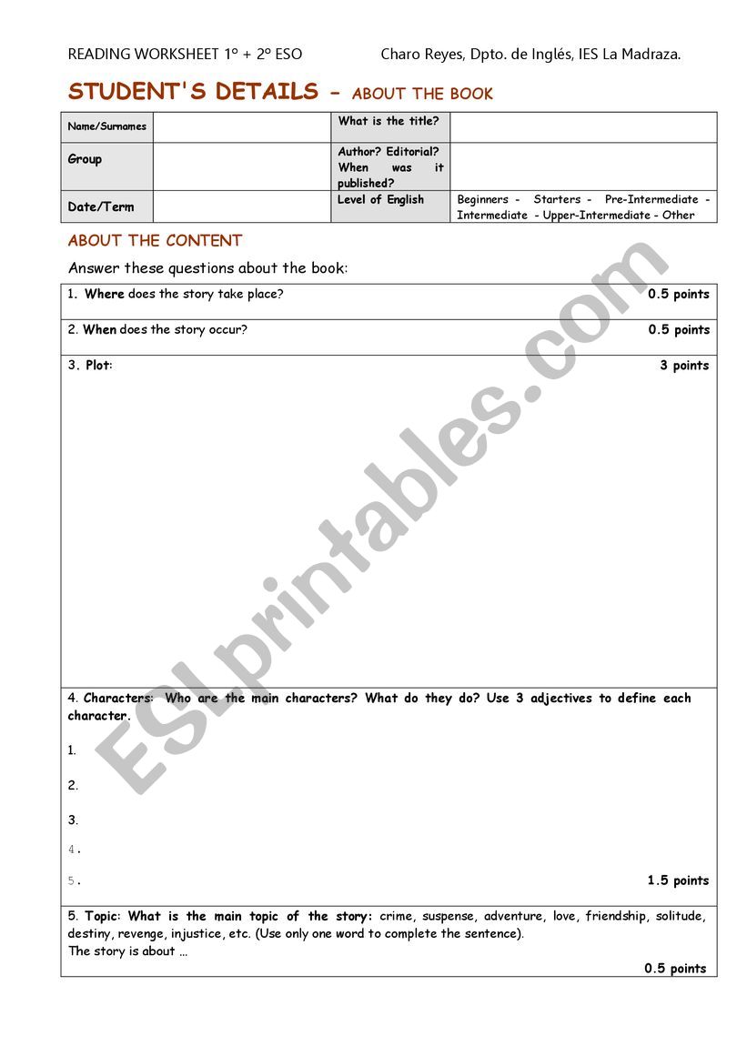 EXTENSIVE READING WORKSHEET 1+2 ESO - ESL worksheet by charoreyes EXTENSIVE READING WORKSHEET 1+2 ESO - ESL worksheet by charoreyes