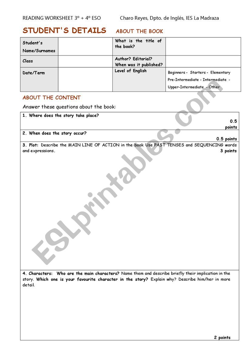 EXTENSIVE READING WORKSHEET 3+4 ESO - ESL worksheet by charoreyes EXTENSIVE READING WORKSHEET 3+4 ESO - ESL worksheet by charoreyes