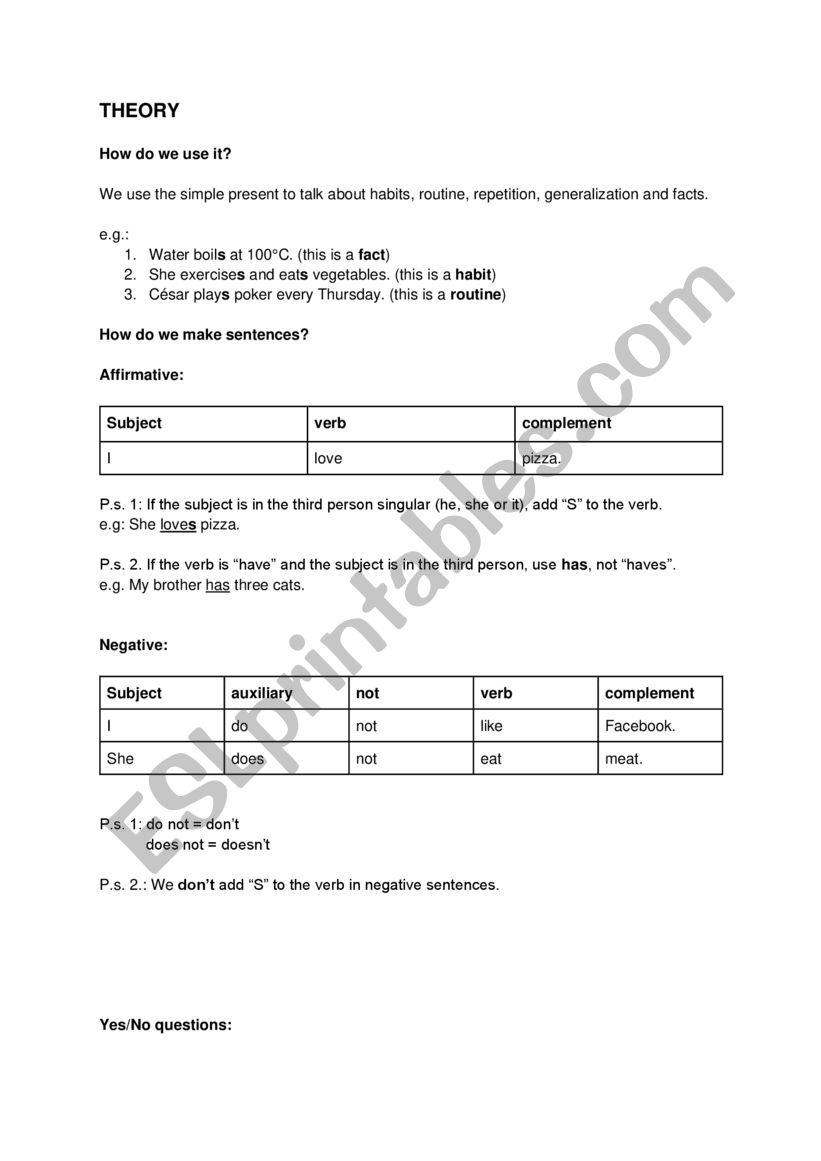 Present Simple - Theory and Exercises - ESL worksheet by acbooliveira