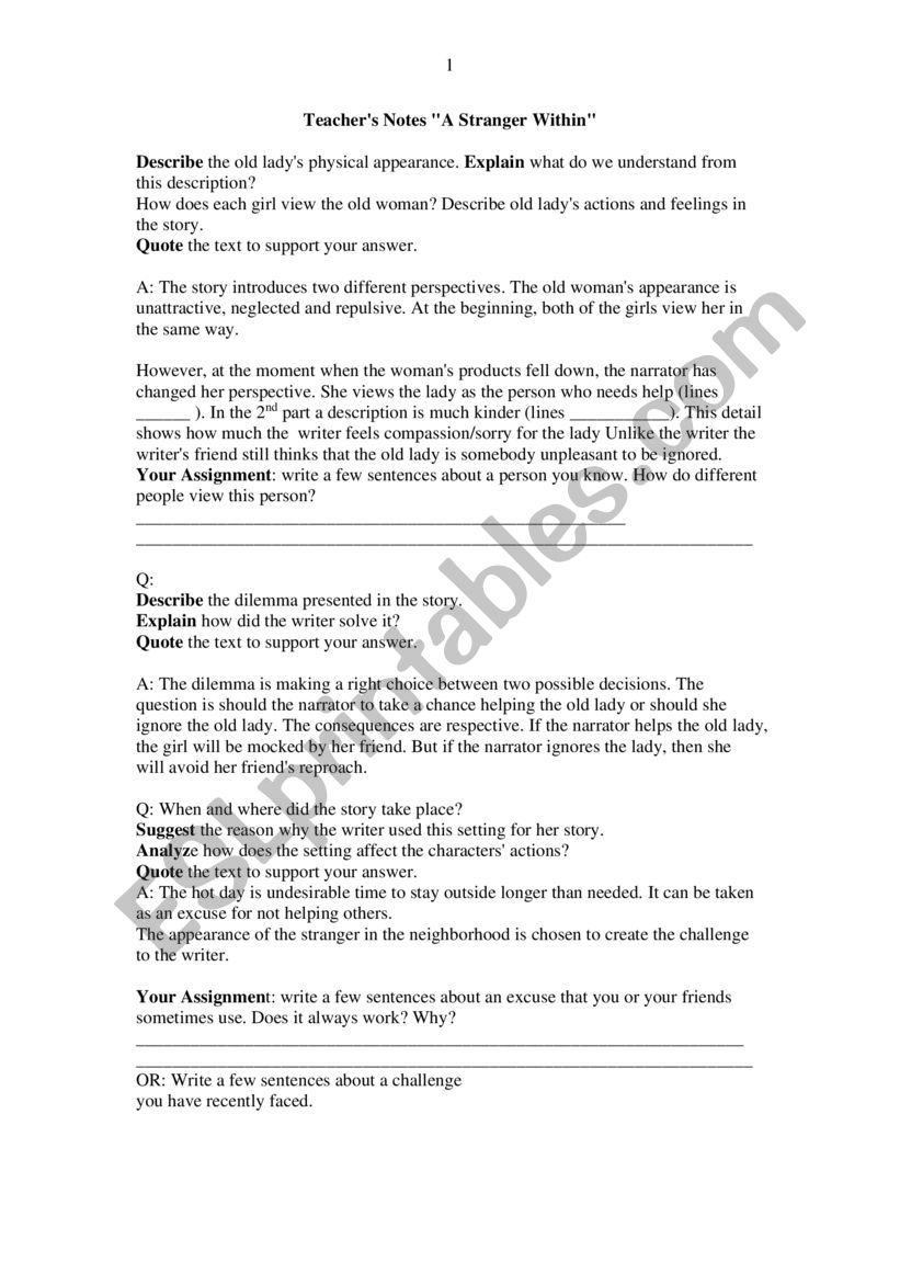 A Stranger Within- Teacher´s Notes and Questions for Assessment - ESL ...