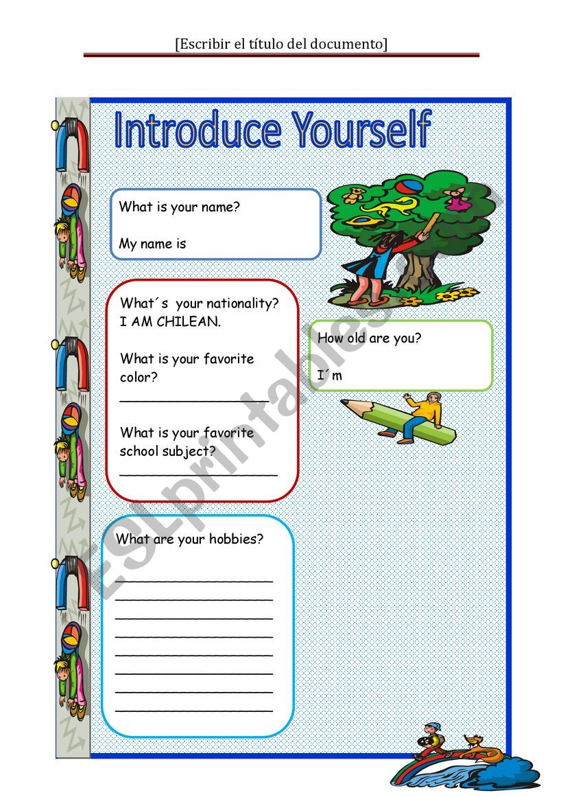 English worksheets: INTRODUCE YOURSELF EXERCISES