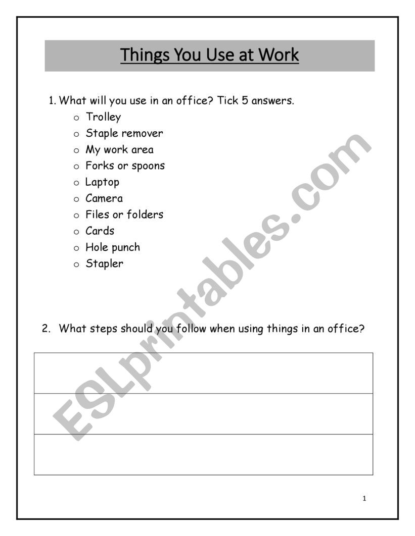 Things You Use at Work (office) - ESL worksheet by pujashivlani