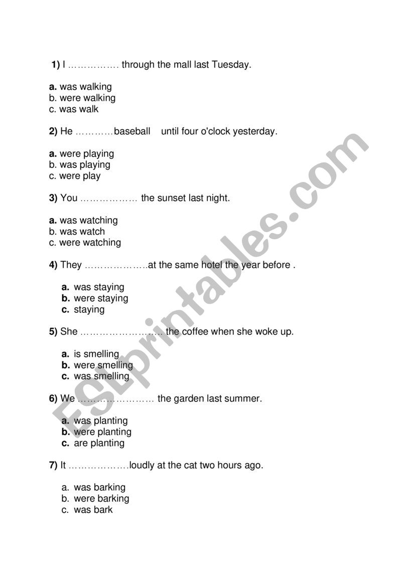Past Continuous Multiple Choice Test ESL Worksheet By Runner63