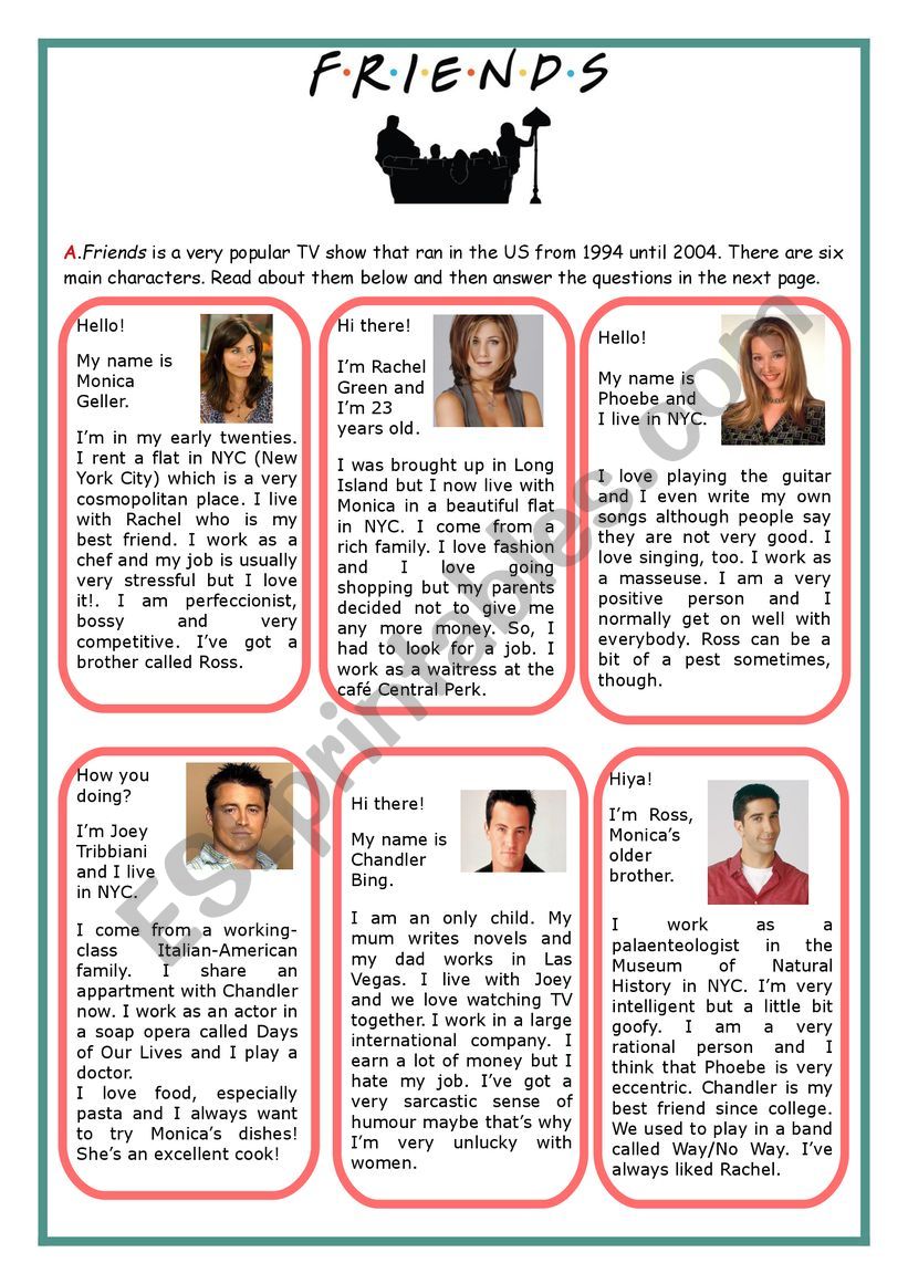 Reading comprehension about FRIENDS (TV show) - ESL worksheet by ...