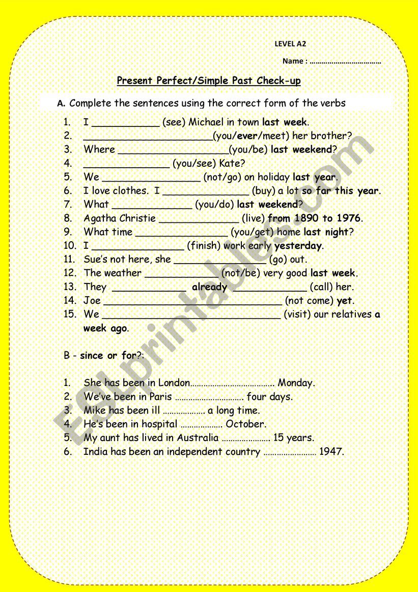 Past Simple vs Present Perfect - ESL worksheet by SoledadM
