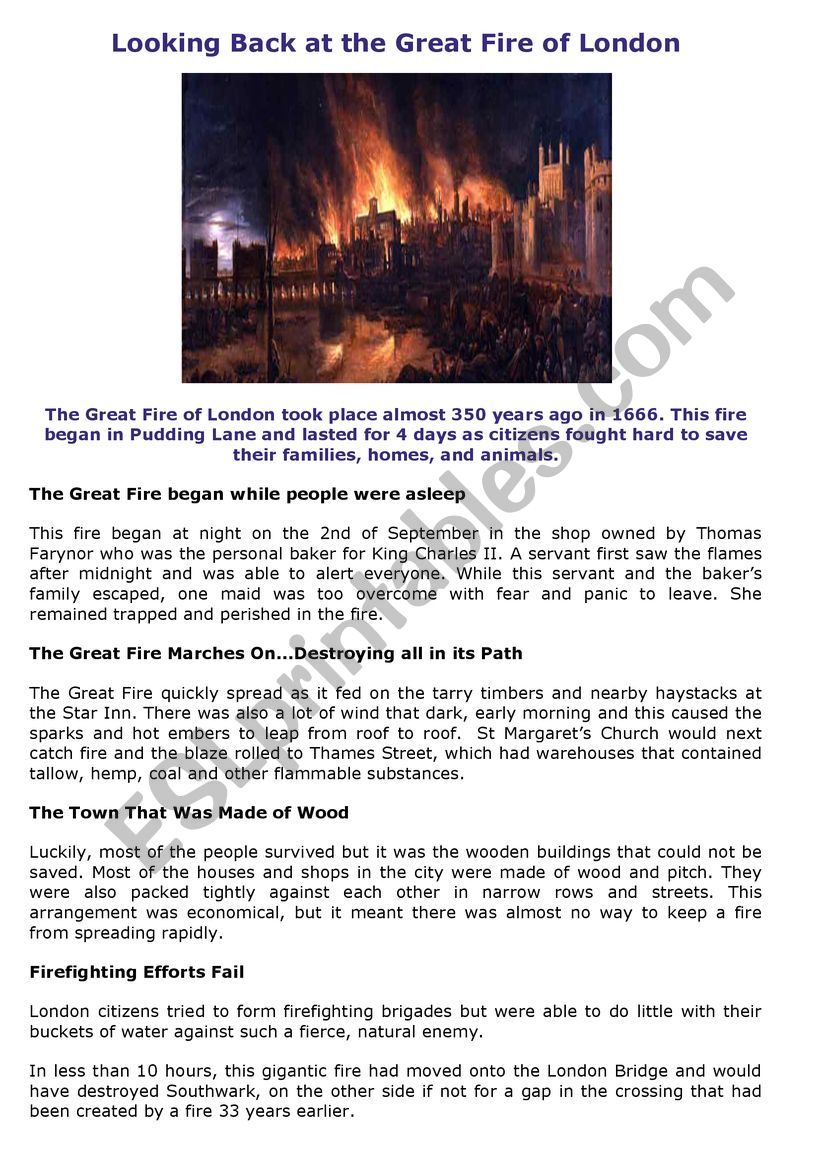 The Great Fire of London - ESL worksheet by newlandenglish