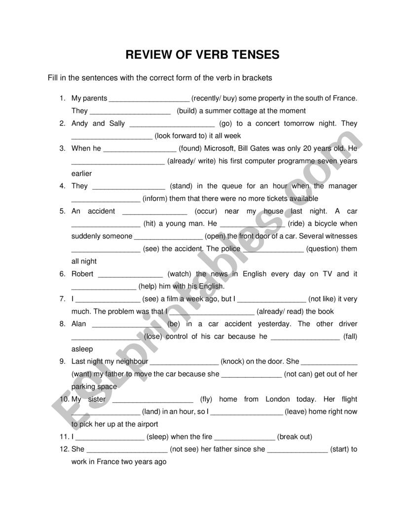 MIXED TENSES EXERCISES ESL Worksheet By Zitadealmeida