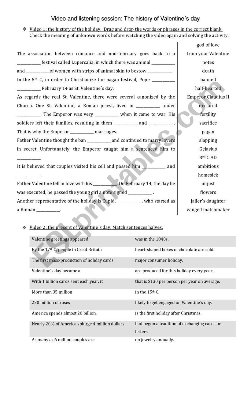 St. ValentineÂ´s history - video and listening session - ESL worksheet ...