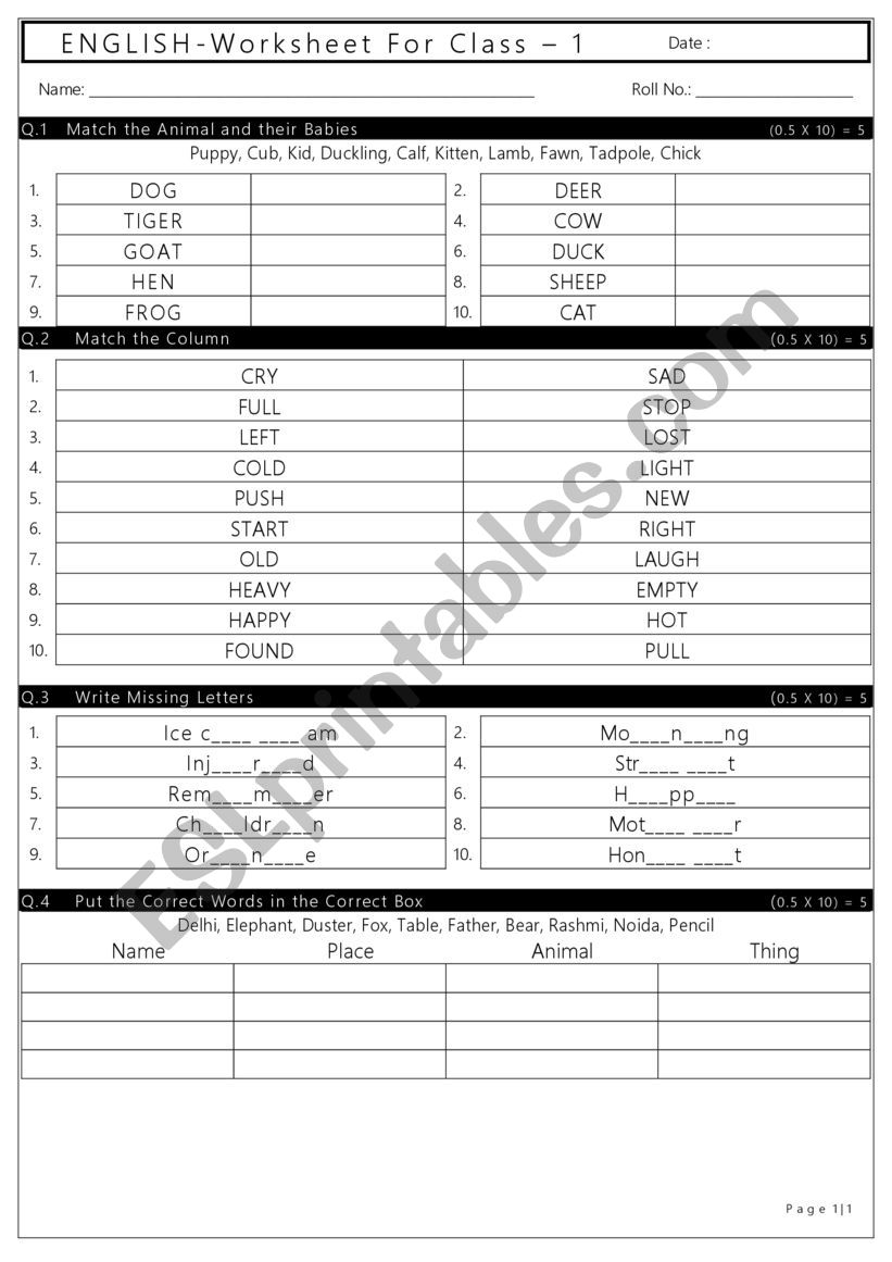ENGLISH - Worksheet For Class – 1 - ESL worksheet by indra.p.biswas ...