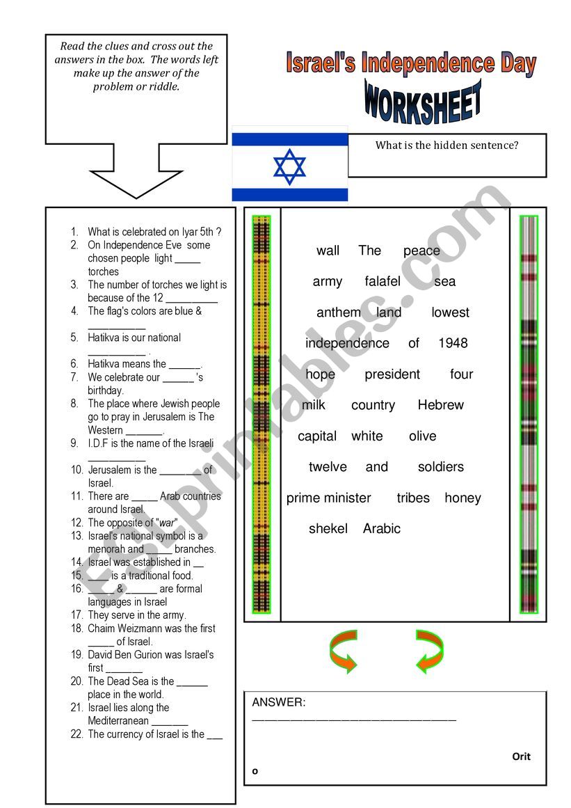 Israel´s Independence Day - Fun worksheet - ESL worksheet by gilorit